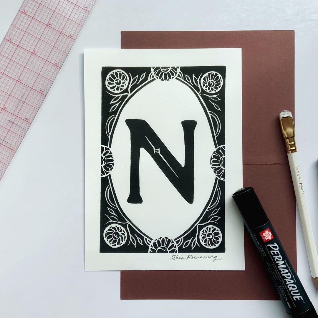 Letter N - Original Linocut Print - Black - 5x7 - Etsy