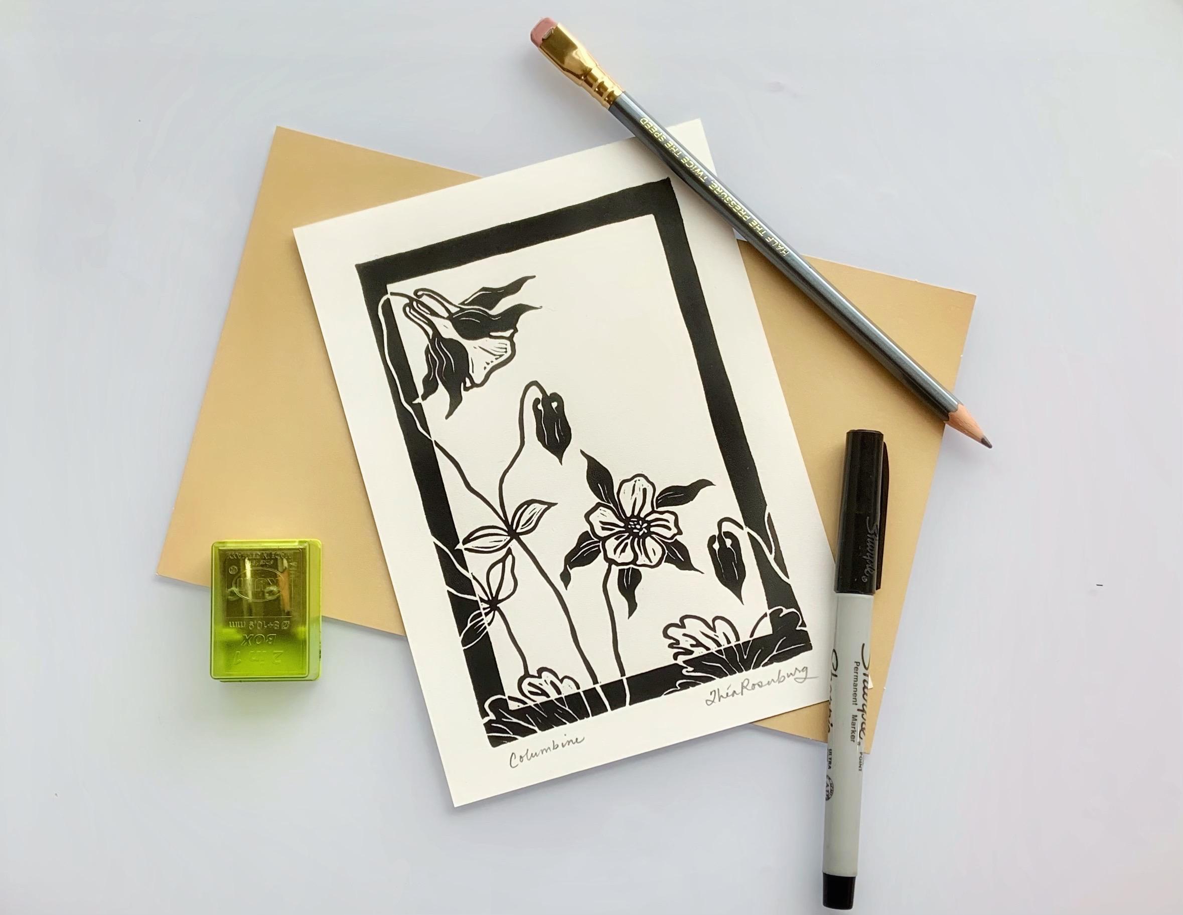 Columbine Linocut Print: Floral Art (5x7) - Etsy