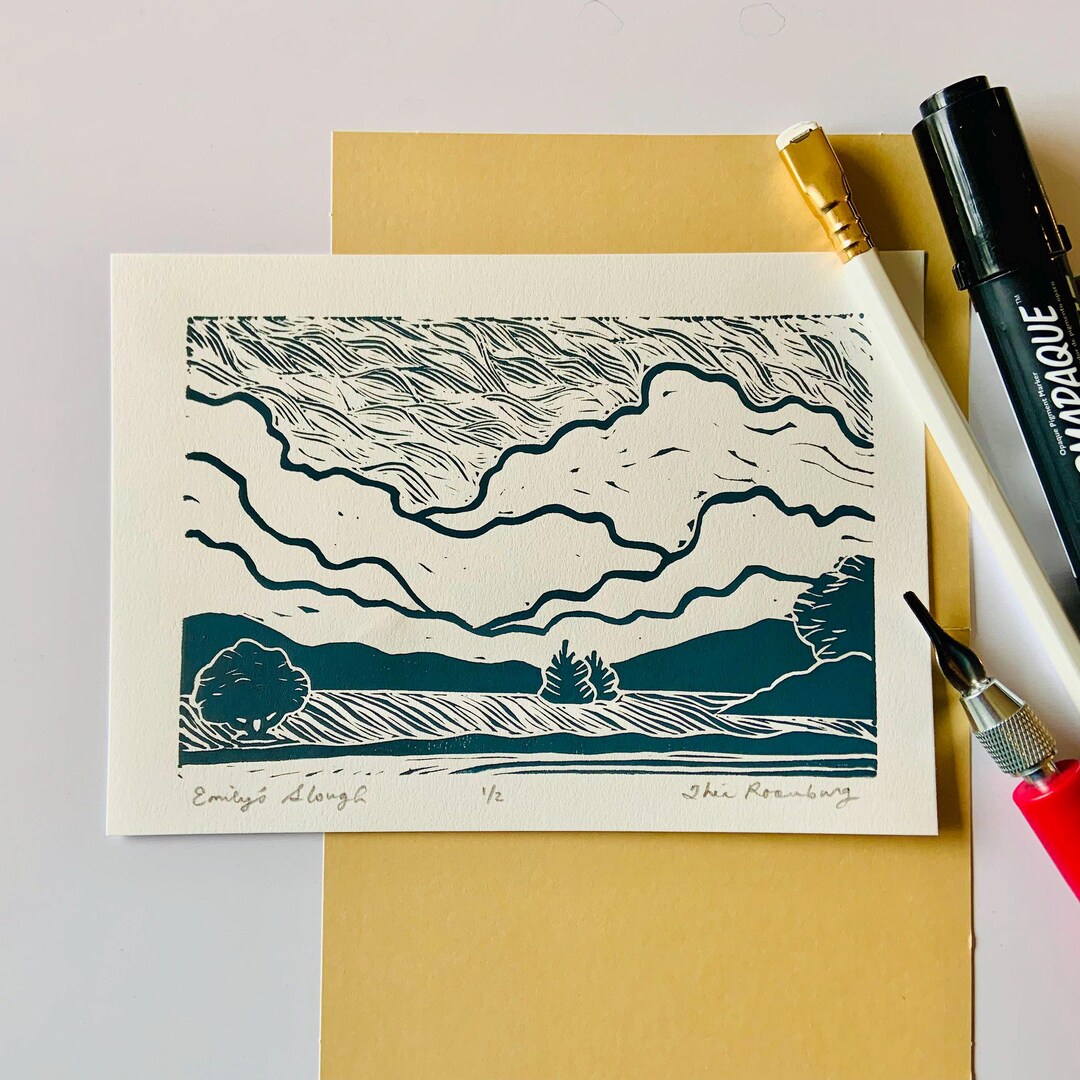 Emily's Slough - Original Linocut Print - Slate Blue - Mankato MN - 5x7 ...