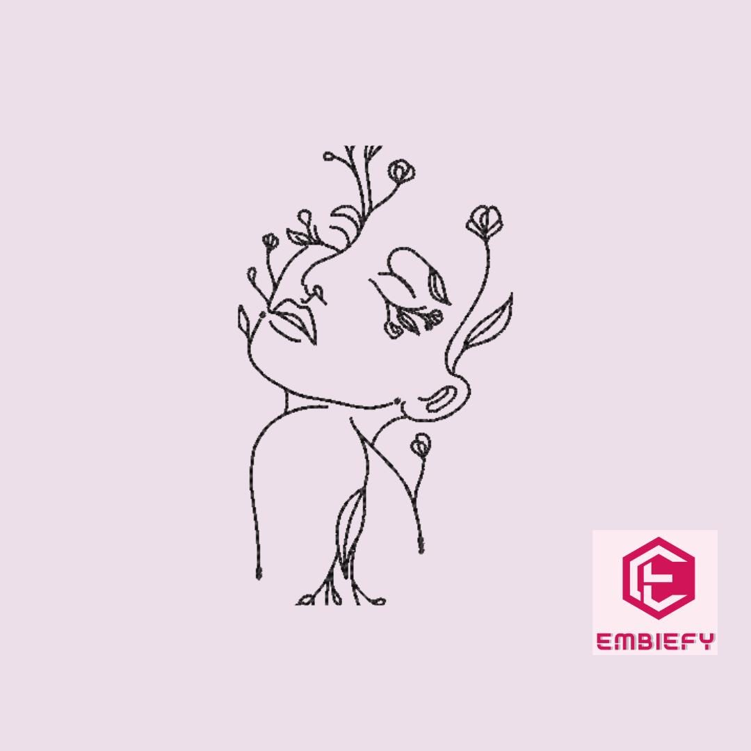Line Art Embroidery Design, Line Art Woman Floral Face Embroidery ...