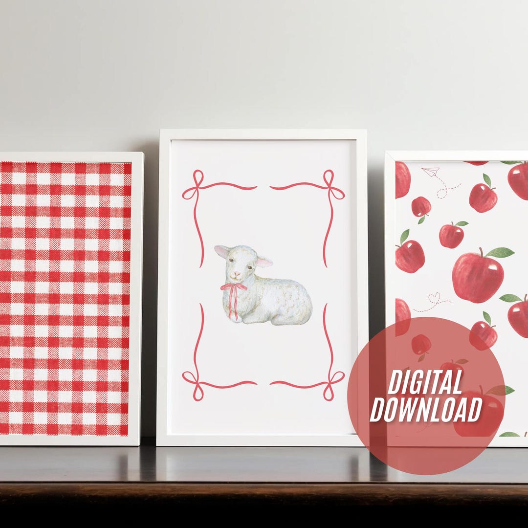Red Apple Gingham Print Set of 3 Preppy Wall Art Coquette Decor Farm ...