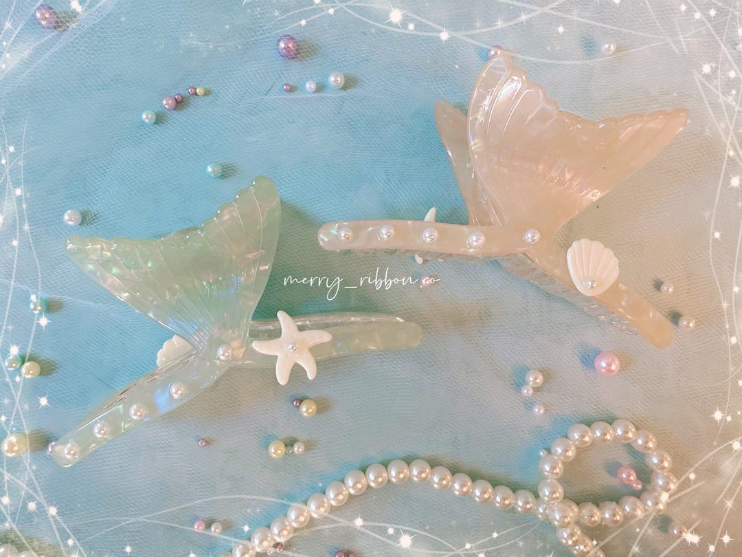Mermaid Fin Acetate Hair Claw Clip, Iridescent Shell & Starfish Decor ...