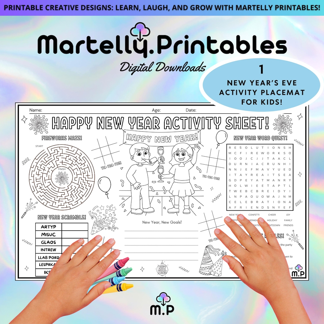 1 Printable New Year's Eve Activity Placemat for Kids Holiday Colorings ...