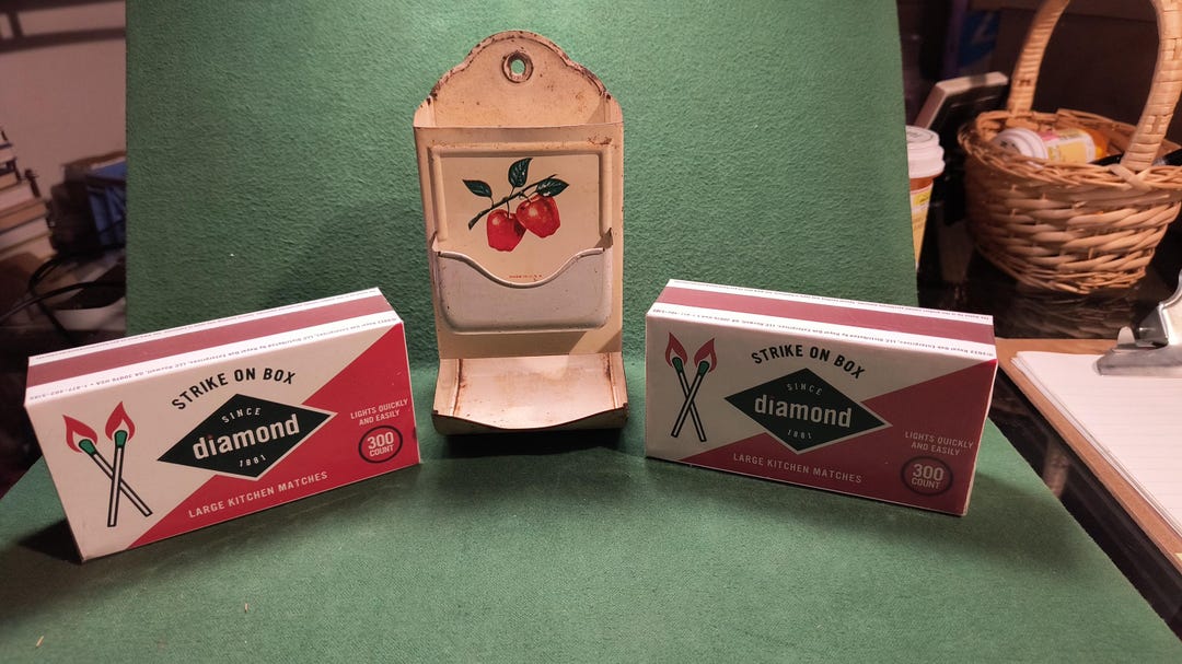 True Vintage Tin Matchstick Holder Circa 1940's W/2 Brand New Boxes of ...