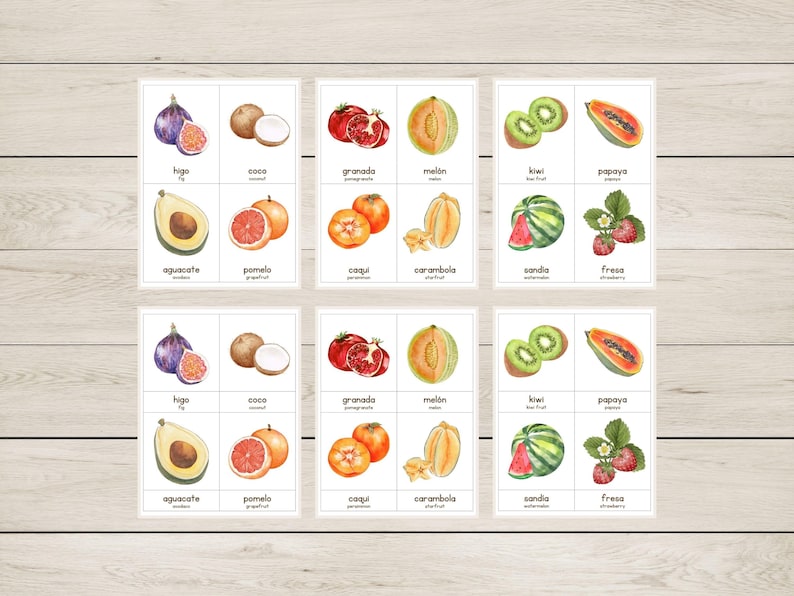 Bilingual Fruit Flashcards English and Spanish Montessori 3-part Cards ...