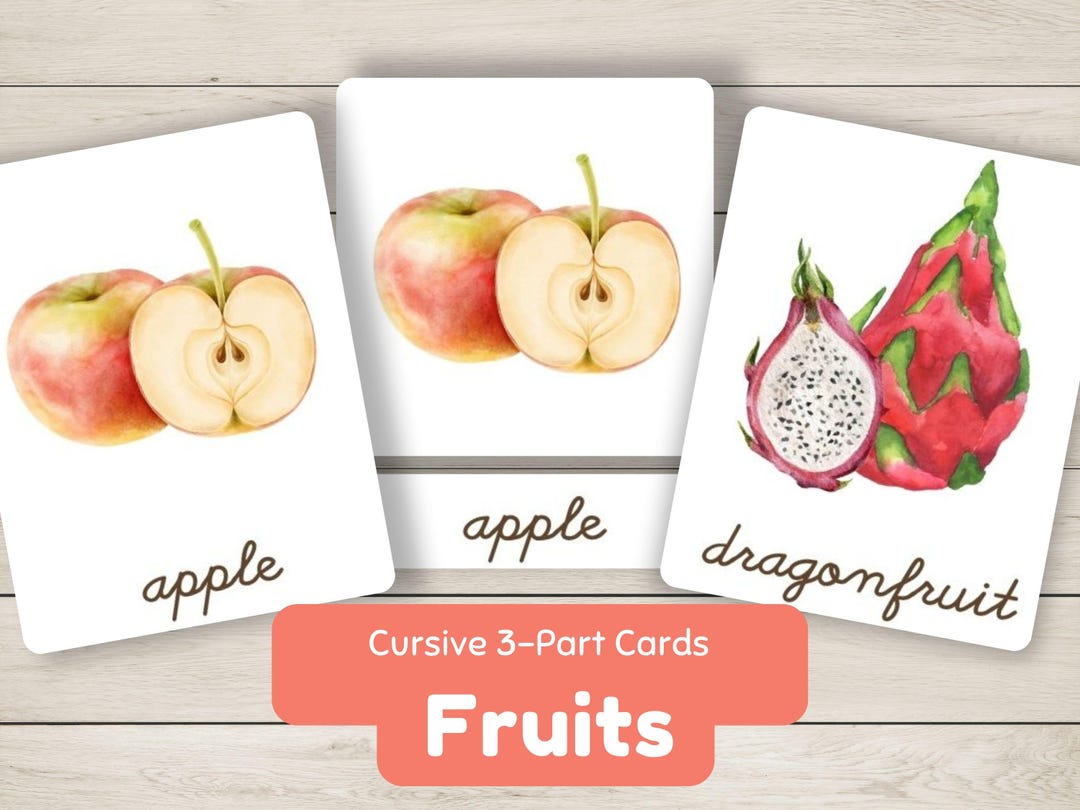 Cursive Font Fruit Flashcards Montessori 3-part Cards Nomenclature ...