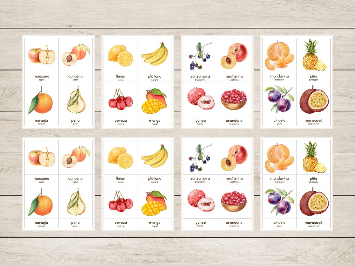 Bilingual Fruit Flashcards English and Spanish Montessori 3-part Cards ...