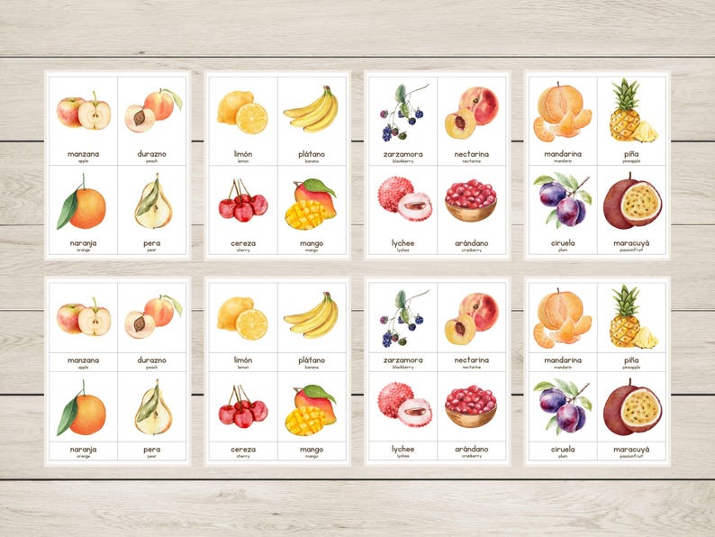 Bilingual Fruit Flashcards English and Spanish Montessori 3-part Cards ...