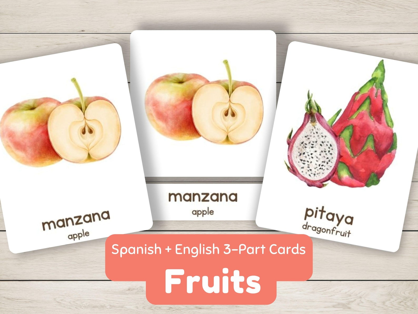 Bilingual Fruit Flashcards English and Spanish Montessori 3-part Cards ...