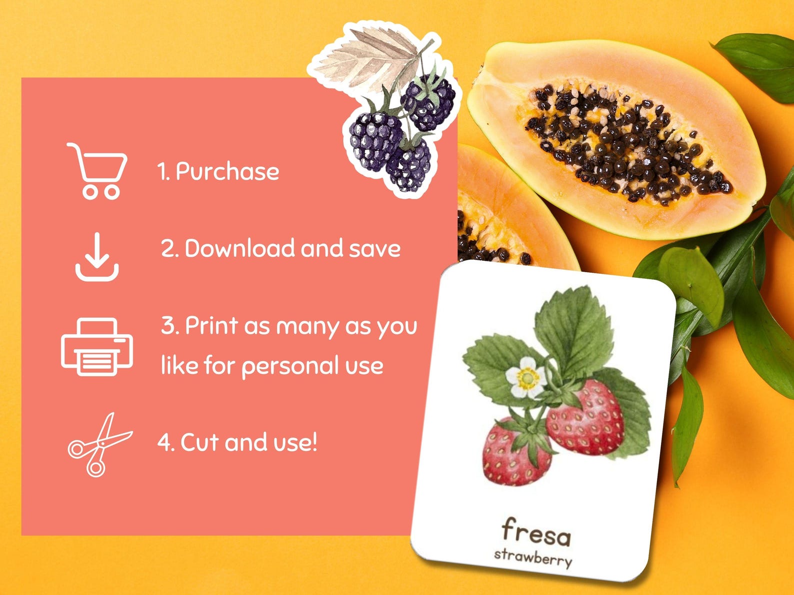 Bilingual Fruit Flashcards English and Spanish Montessori 3-part Cards ...