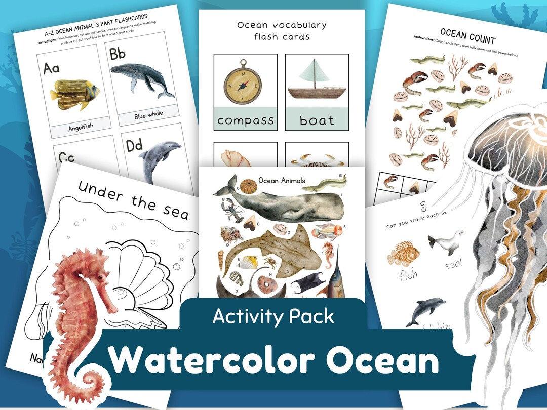 Ocean ABC Flash Cards and Worksheets Watercolor Design Activities Sea ...