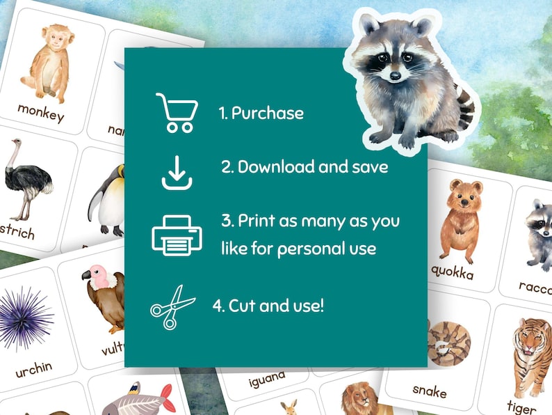 ABC Animal Flash Cards Printable Set Watercolor Design Beginning Sounds ...