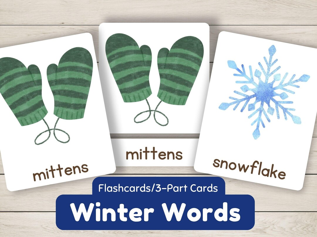 Winter Words Flashcards Printable Montessori 3-part Cards - Watercolor ...