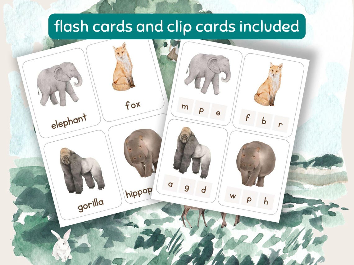 ABC Animal Flash Cards Printable Set Watercolor Design Beginning Sounds ...