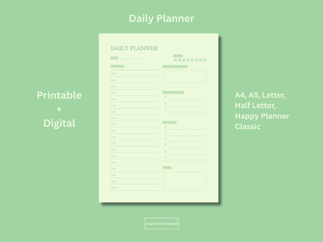 Pastel Green Daily Planner: Printable & Digital Template (A4, A5 ...