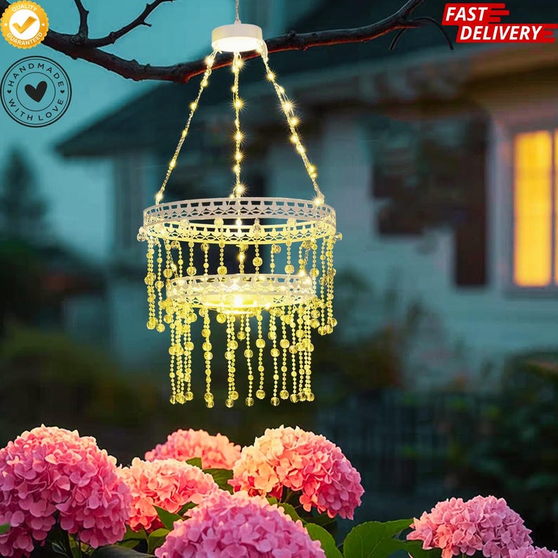 Solar Crystal Chandelier: Waterproof LED Hanging Lantern for Garden ...