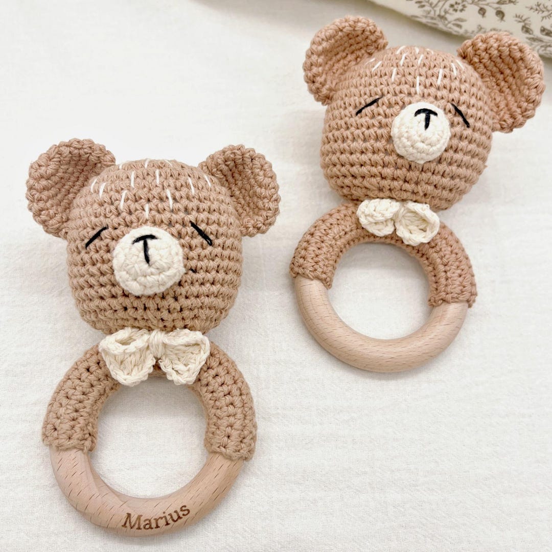 Personalized Crochet Rattle, Custom Animal Rattle, Wooden Rattle Toy ...