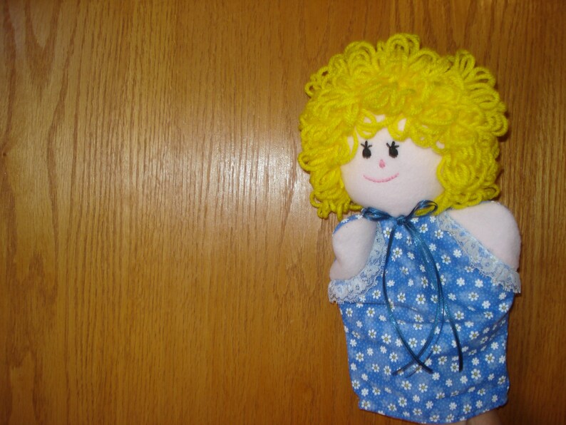 Girl Hand Puppet Blond Yarn Hair Embroidery Hand Stitched Face | Etsy