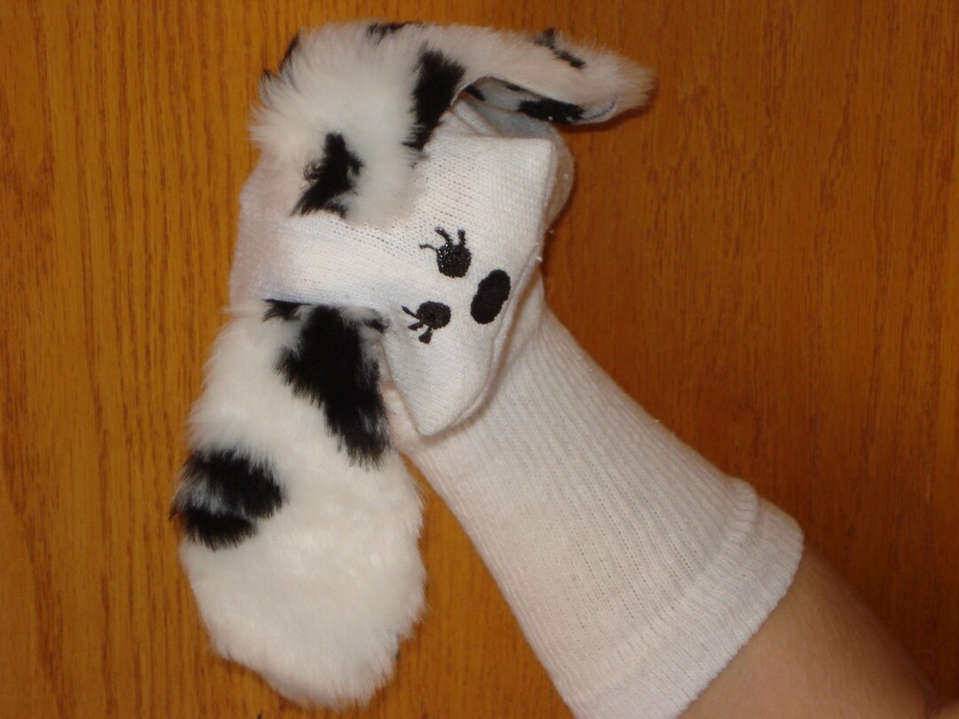 Sock Puppet Female Dog Movable Mouth Eyelashes Black & White Ears - Etsy