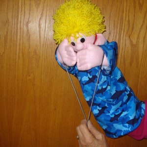 Boy Hand Puppet Blond Yarn Hair Shark Print Shirt Movable Mouth 2 Arm ...