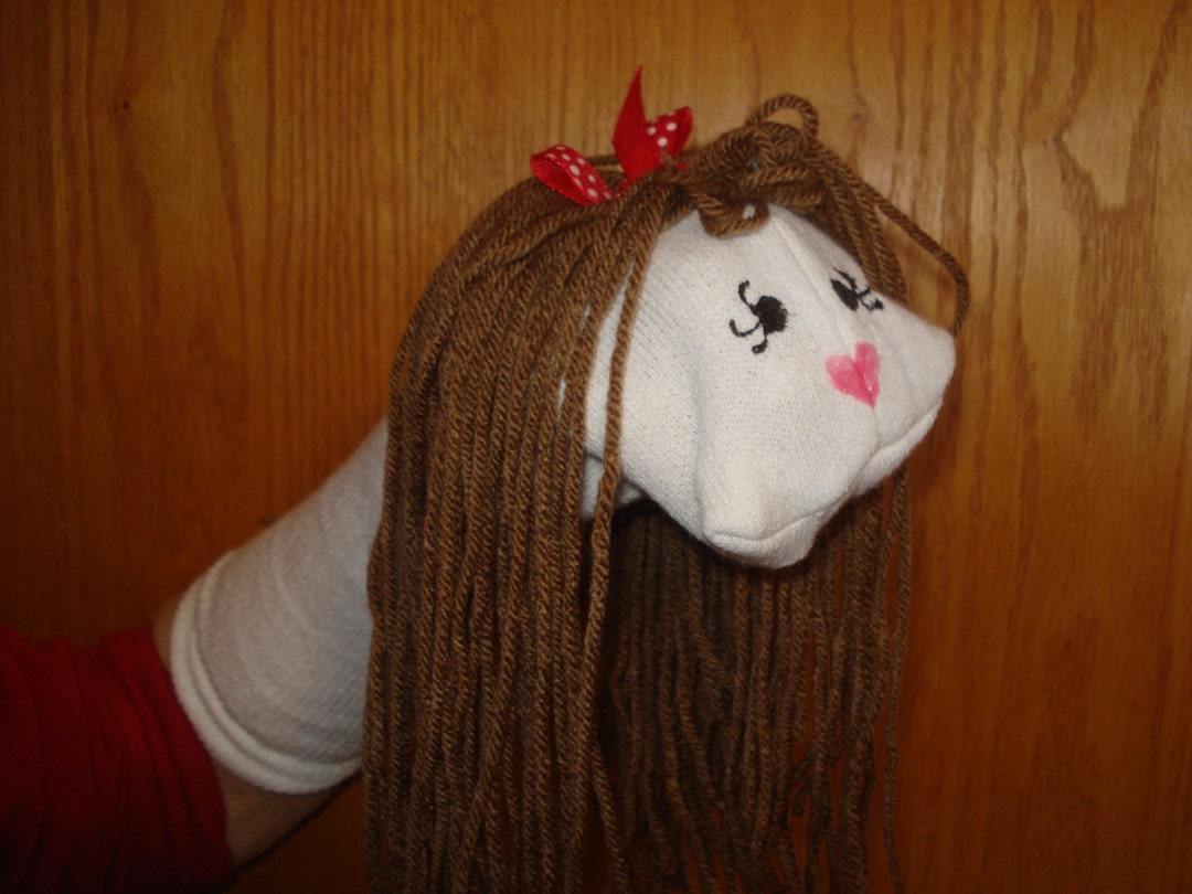 Girl Sock Puppet Brown Long Yarn Hair - Etsy