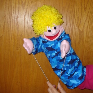 Boy Hand Puppet Blond Yarn Hair Shark Print Shirt Movable Mouth 2 Arm ...