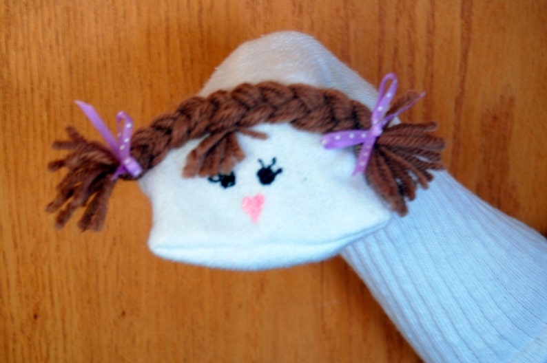 Brown Haired Girl Sock Puppet With Braids by Puppets by Margie - Etsy