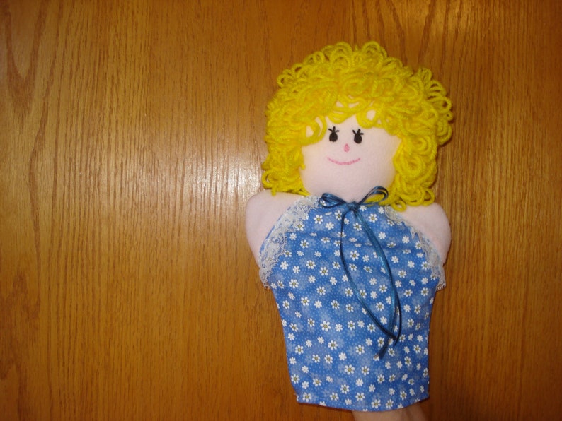 Girl Hand Puppet Embroidered Face, Blond Yarn Hair Made in USA - Etsy