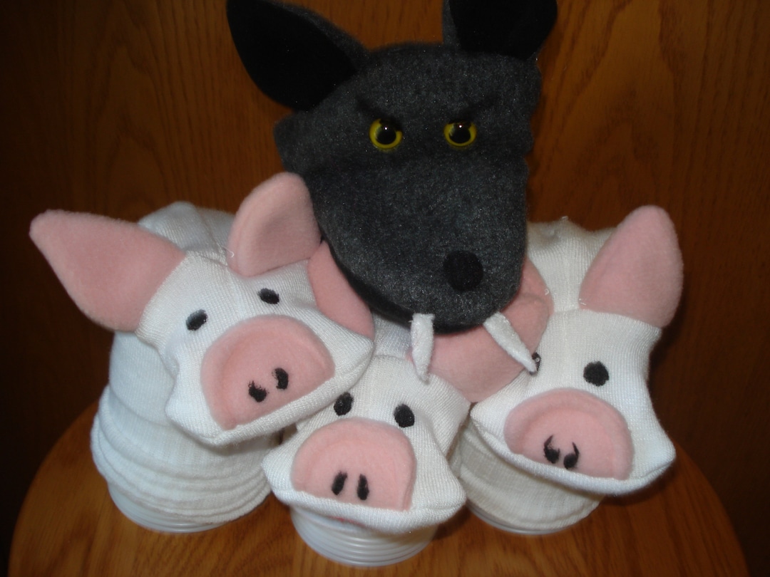 Big Bad Wolf Hand Puppet & Three Little Pigs Sock Puppets - Handmade ...