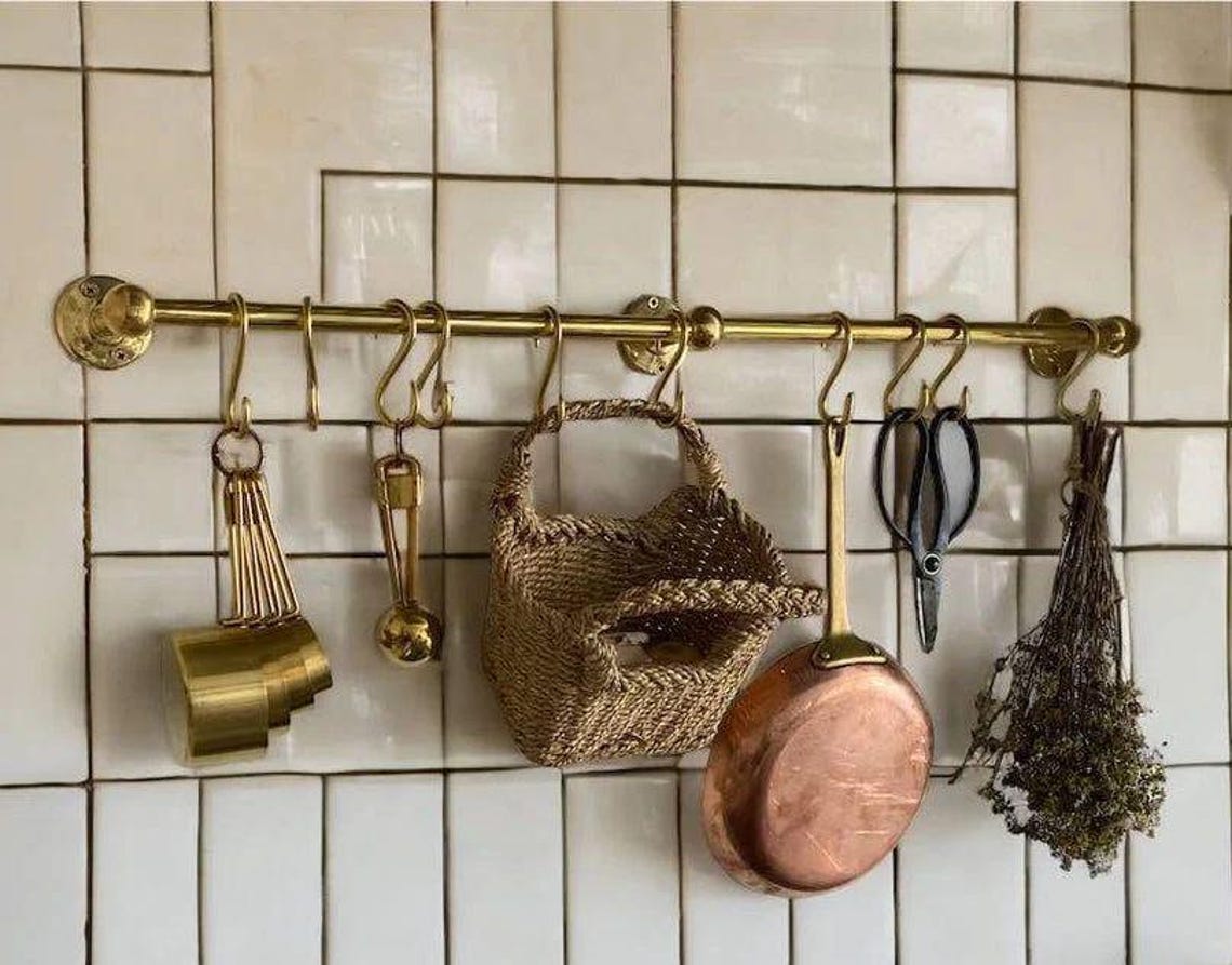 Unlacquered Solid Brass Hanging Pot Rack Antique Brass Kitchen Rail ...