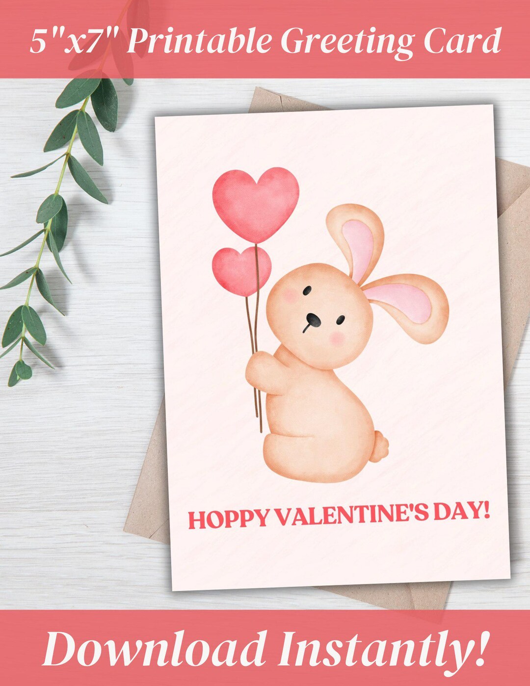 Valentine Card for Kids, Cute Rabbit Printable, Hoppy Valentine's Day ...