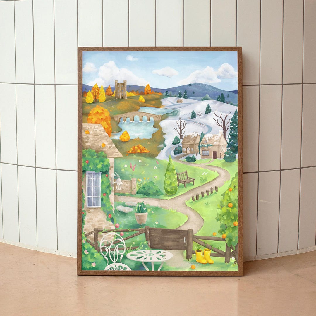 Seasonal Landscape Illustration Posters, Cozy Home Decor, Autumn ...
