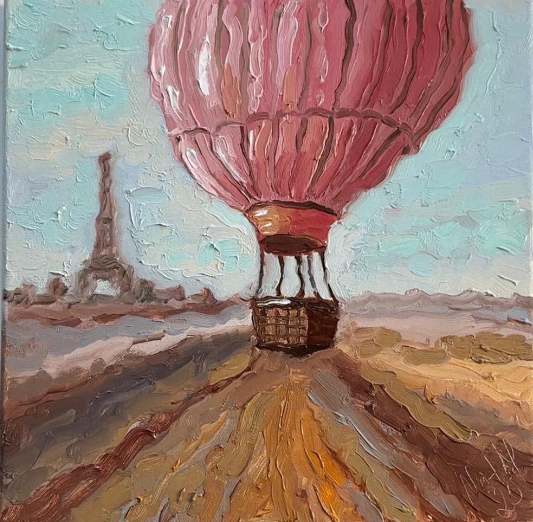 Paris Painting Oil Painting Pink Balloon Landscape Original Art Impasto ...