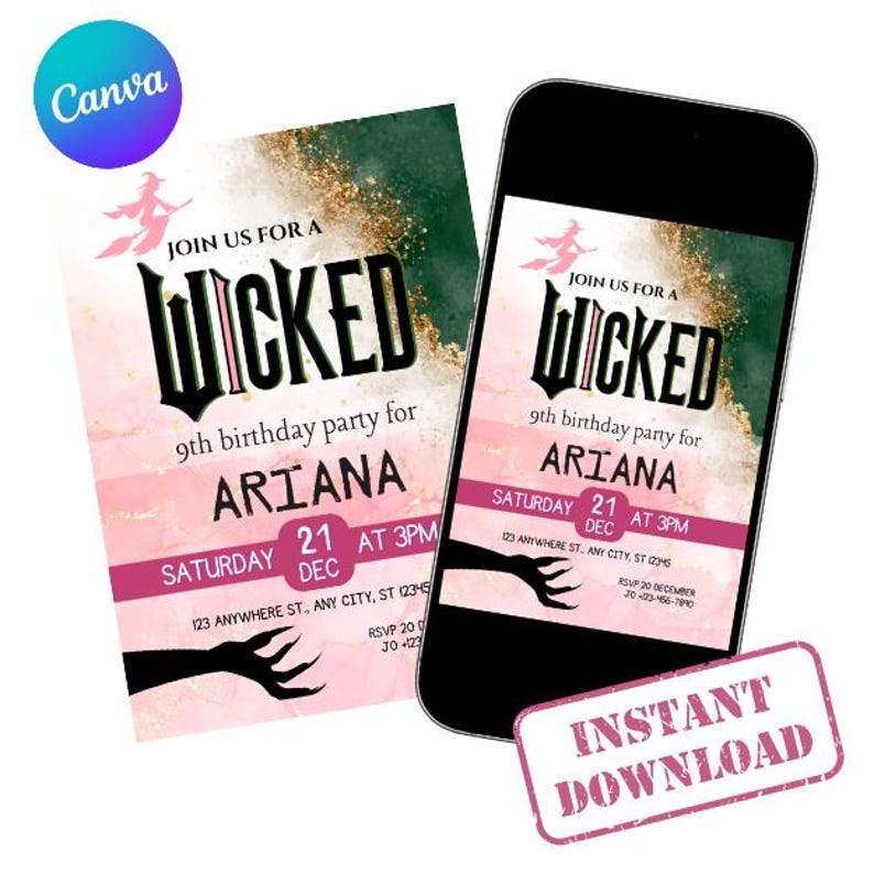 Wicked Party Invitation for Birthday Editable Invite Pink and Green ...