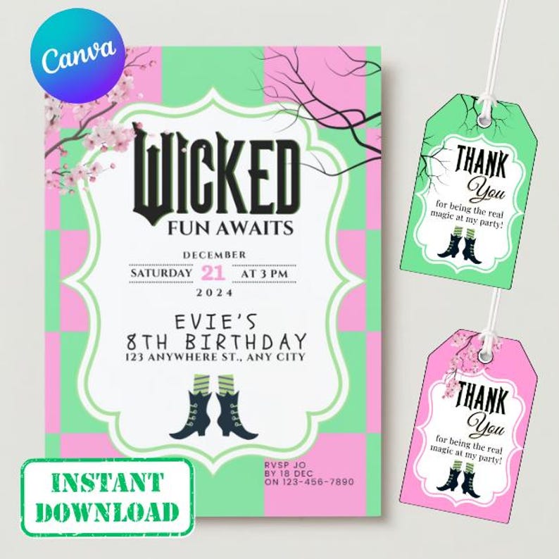 Wicked Party Invitation and Favor Party Bag Tags for Birthday Editable ...