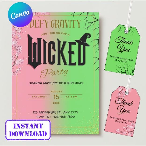Wicked Party Invitation and Favor Bag Tags for Birthday Editable Invite ...