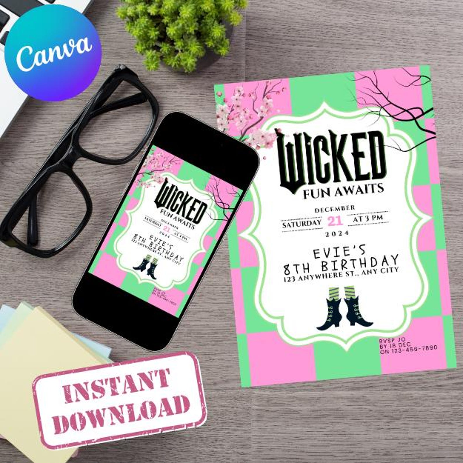 Wicked Party Invitation and Favor Party Bag Tags for Birthday Editable ...