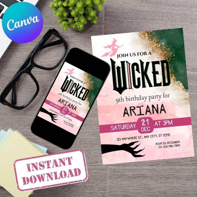 Wicked Party Invitation for Birthday Editable Invite Pink and Green ...