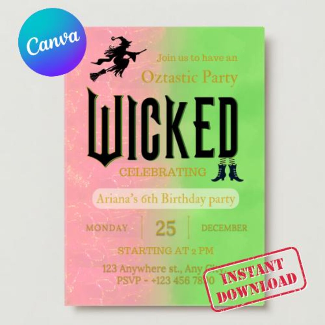 Wicked Party Invitation for Birthday Editable Invite Pink and Green ...
