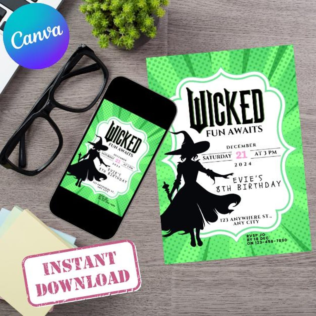Wicked Party Invitation for Birthday Editable Invite Pink and Green ...