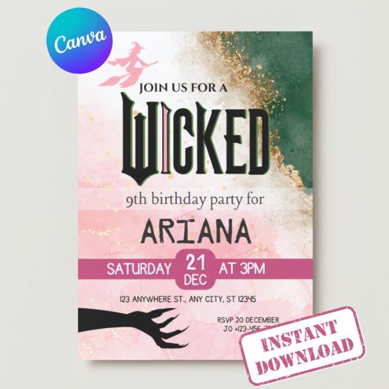 Wicked Party Invitation for Birthday Editable Invite Pink and Green ...