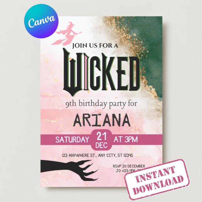 Wicked Party Invitation for Birthday Editable Invite Pink and Green ...