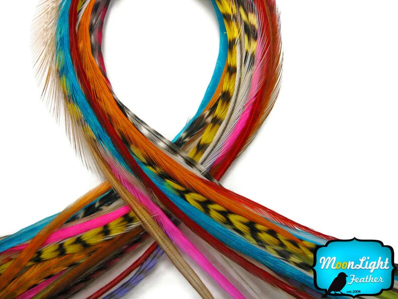 Hair Feathers 12 Strands HAPPY MIX Thin Long Grizzly - Etsy