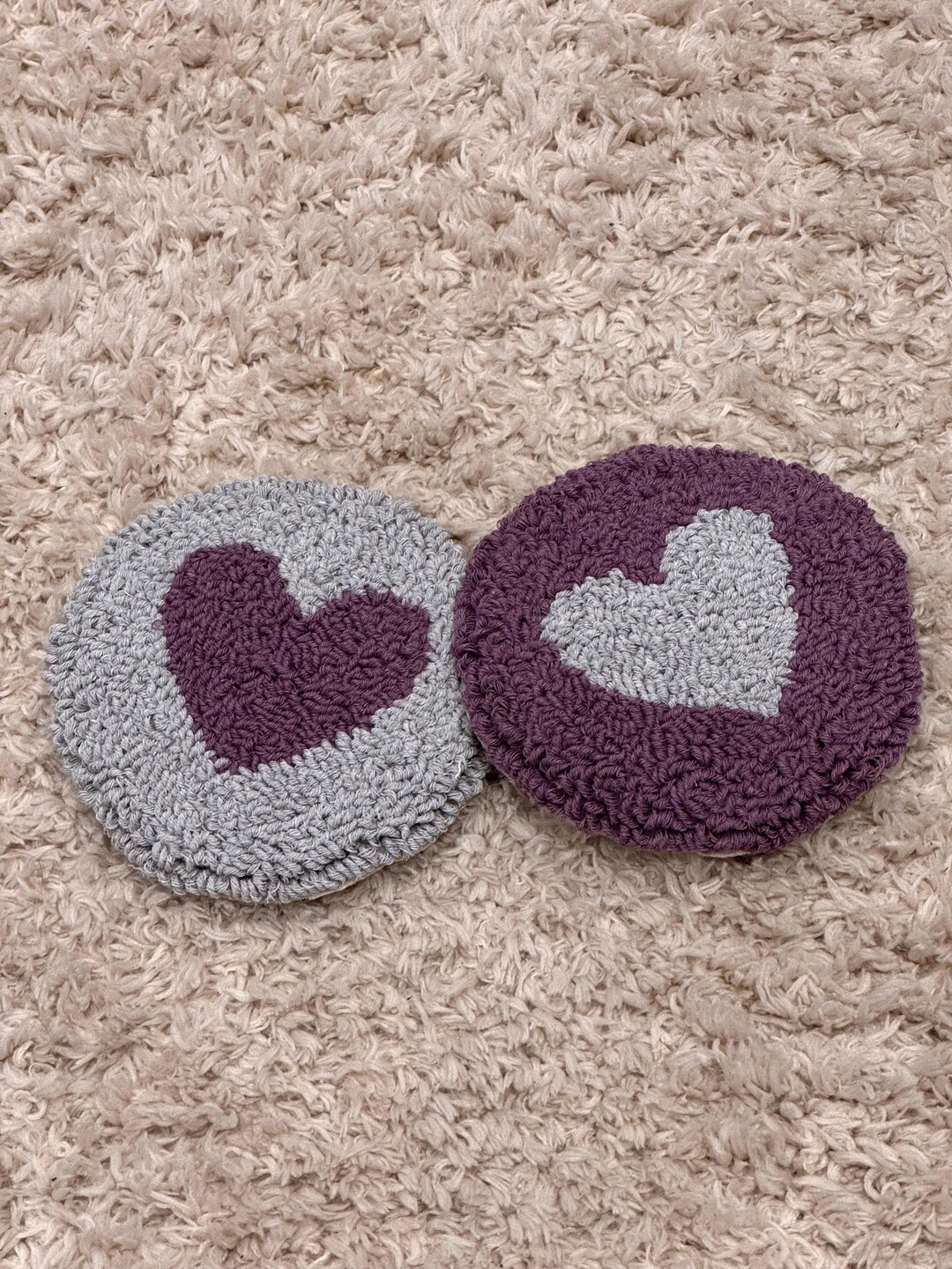 Set of 2 Handmade Punch Needle Mug Rugs – Grey With Purple Heart ...