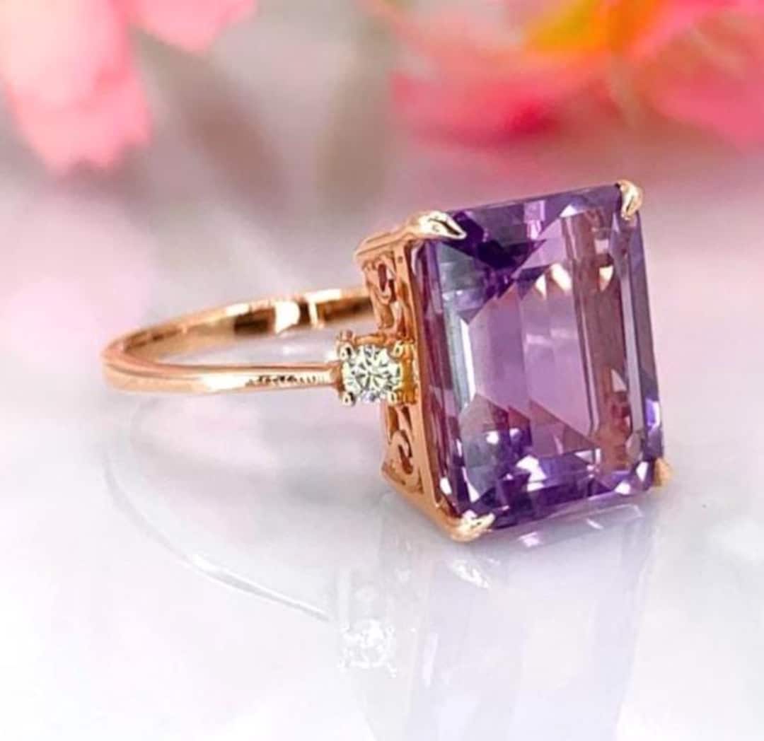 Pink Amethyst Ring 14K Gold 4.10ct Emerald Cut Amethyst Statement ...