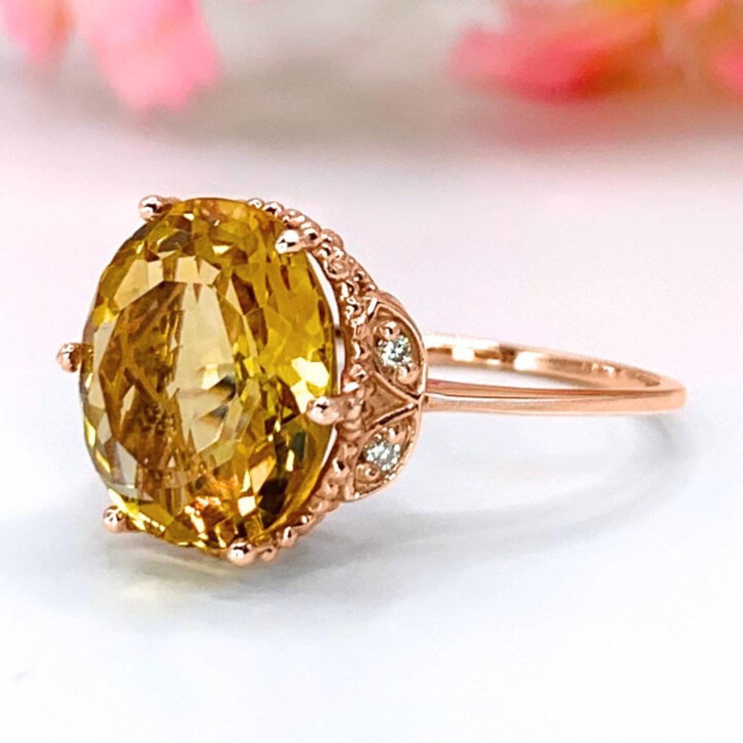 Citrine Ring 14K Gold 5.60ct Oval Citrine Diamond Statement Ring Gift ...