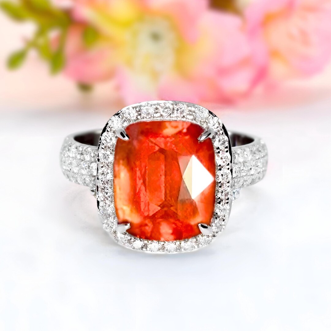 Orange Garnet Ring 14K Gold 5.96ct Cushion Orange Garnet Diamond Halo ...