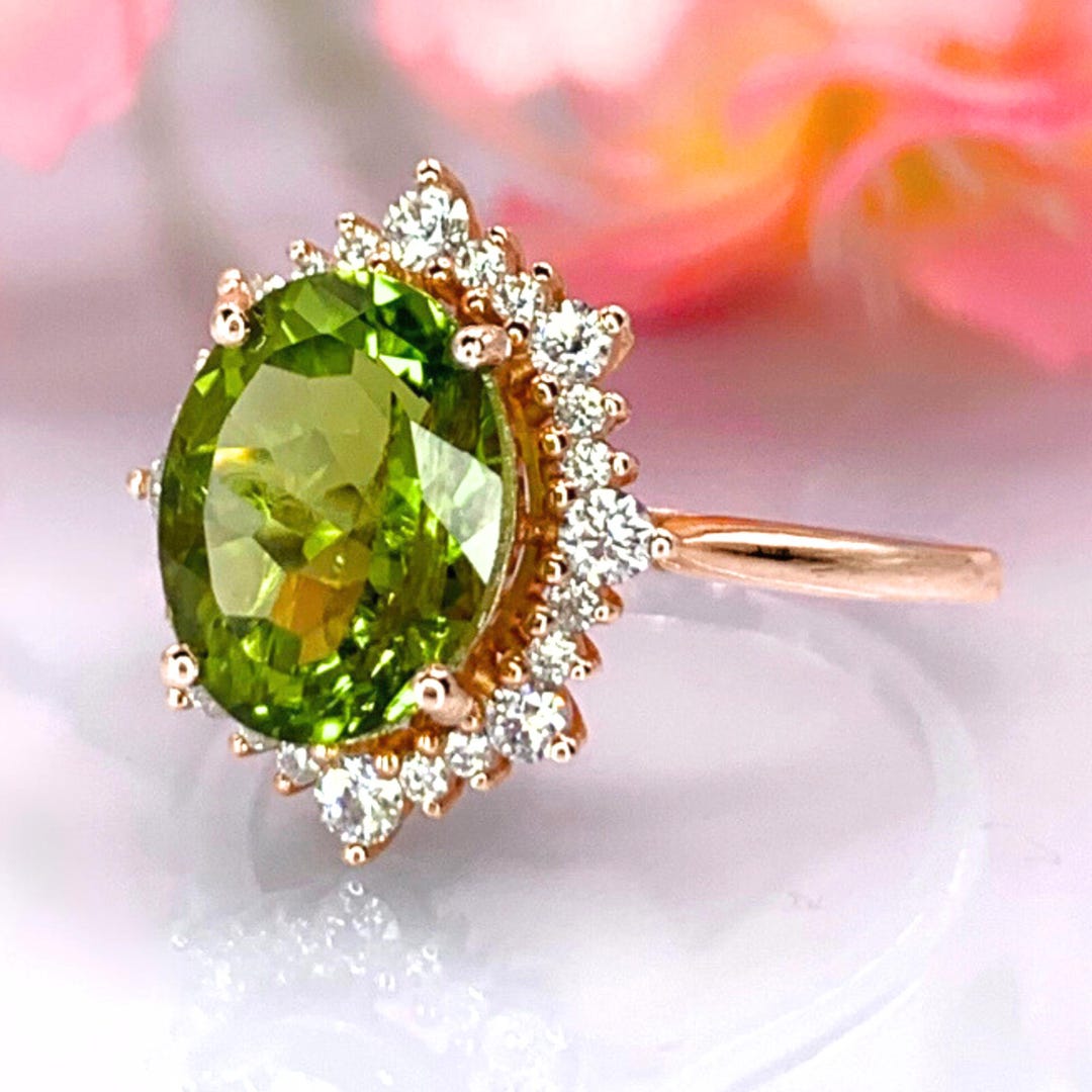 Peridot Ring 14K Gold 3.2ct Oval Natural Peridot Diamond Halo ...