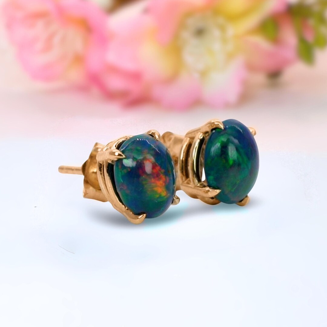 Black Opal Stud Earrings 14K Solid Gold Natural Opal Earrings for Women ...