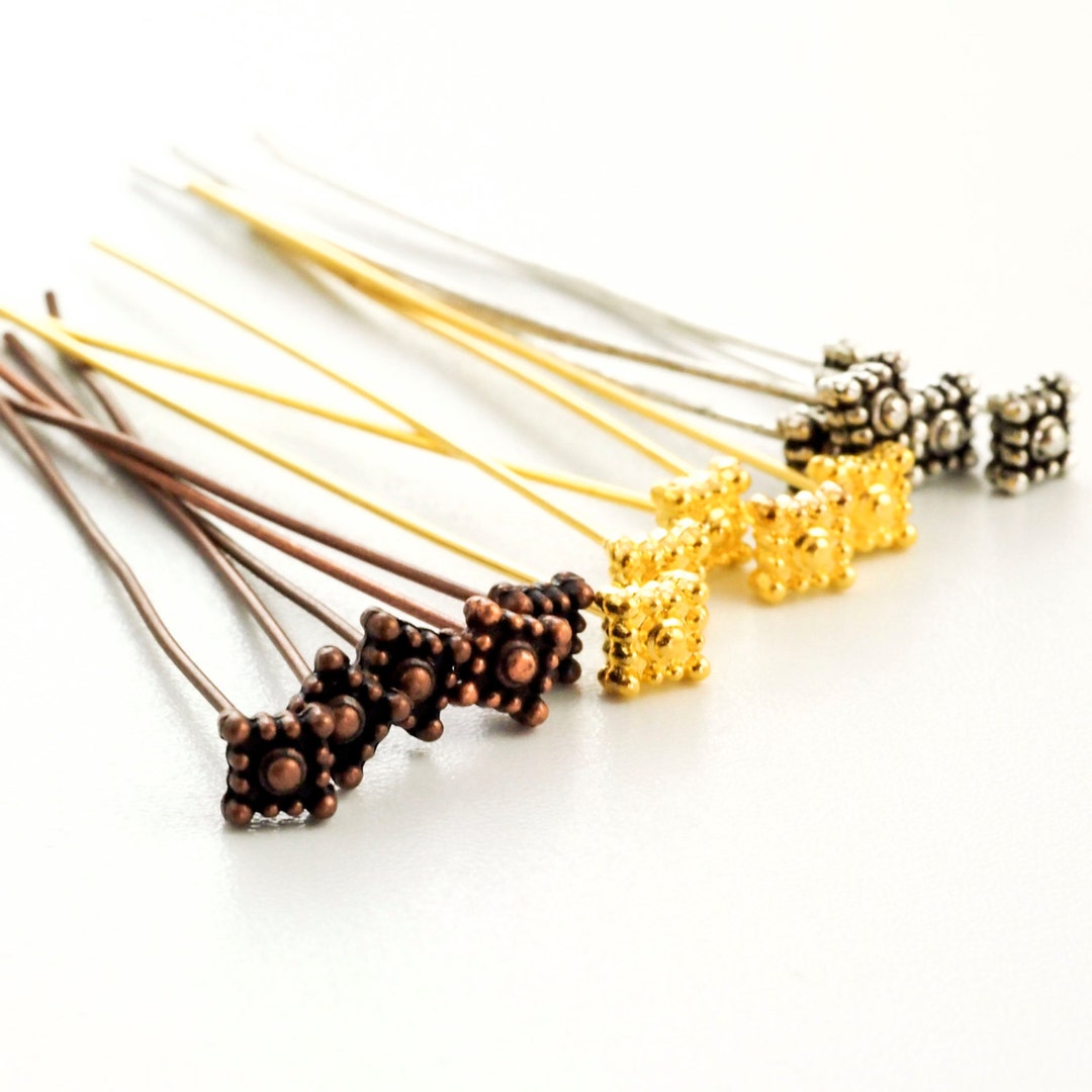 15 Fancy Square Head Pins 21 Gauge 2 Inches Long 5mm Square Beaded Head ...